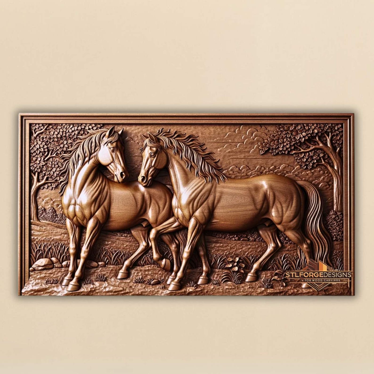 Horse STL File – Two Horses in Nature 3D Relief Model for CNC Router ...