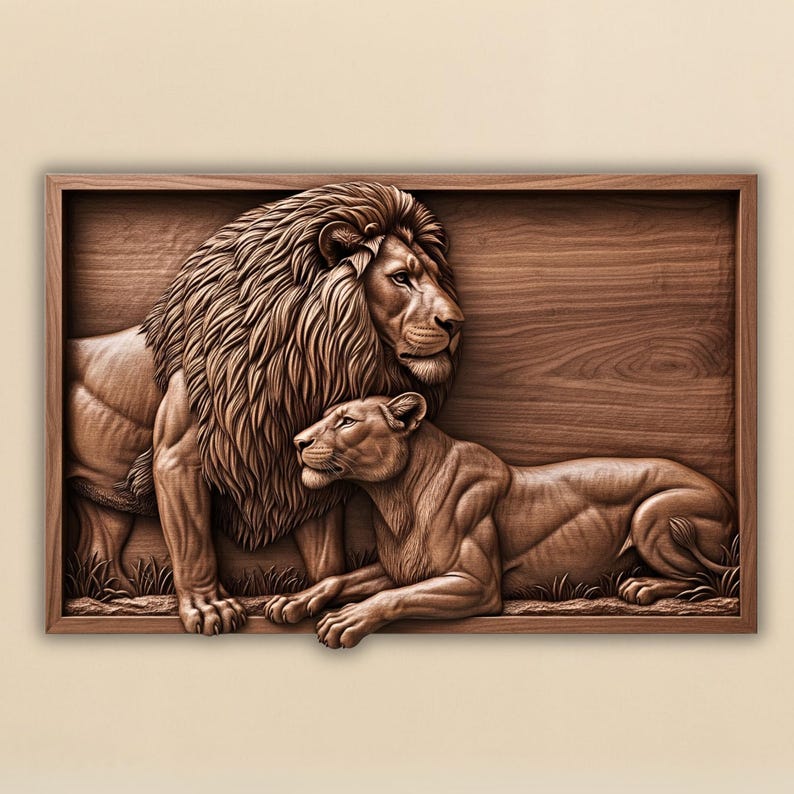 Lion STL File – Lion & Lioness 3D Relief Model | CNC Router Wildlife ...