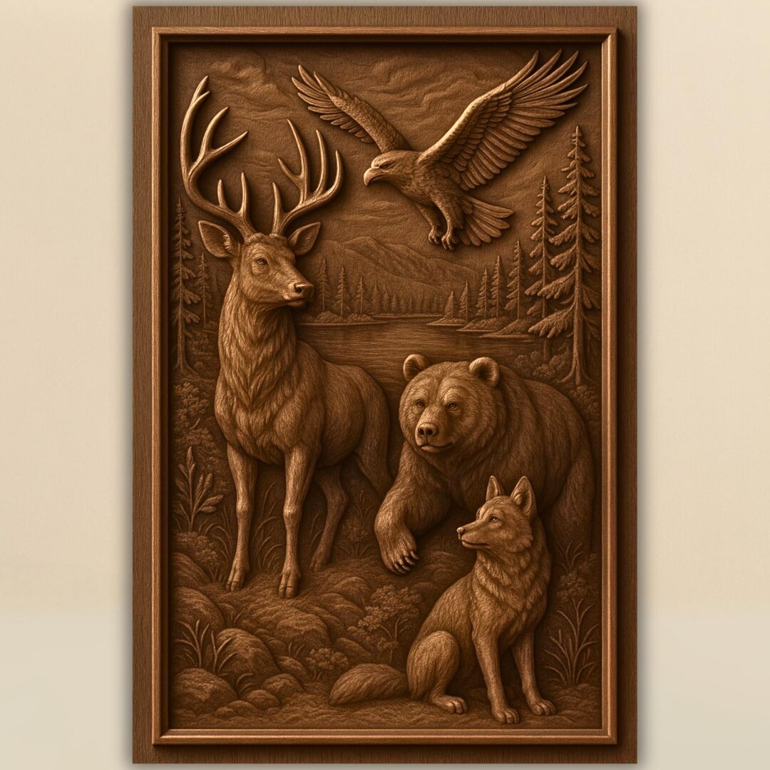 Wildlife STL File – 3D Relief Model With Deer, Bear, Wolf & Eagle | CNC ...