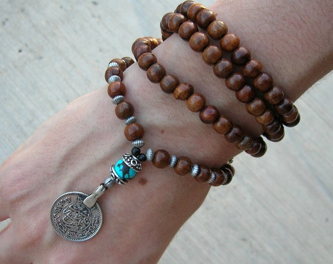 108 Mala Wood Prayer Beads and Genuine Turquoise Gemstone Wrap Bracelet ...