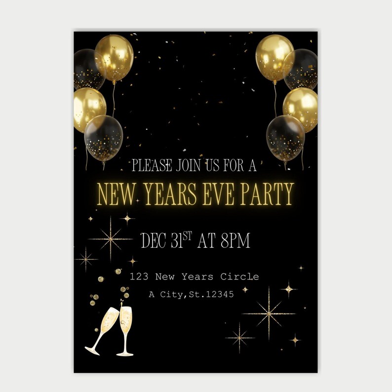 New Year's Eve Invitation 2026 | Digital Canva Party Invite | Black ...