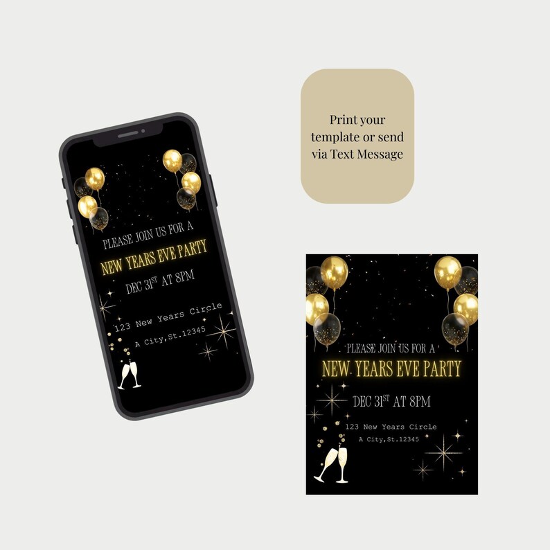 New Year's Eve Invitation 2026 | Digital Canva Party Invite | Black ...