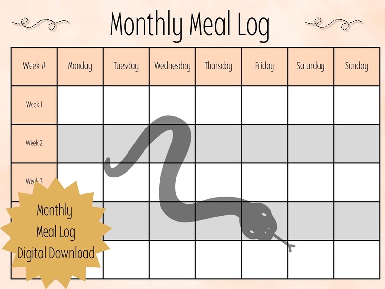 Snake Monthly Meal Chart: Feeding Tracker Digital Download, Printable ...