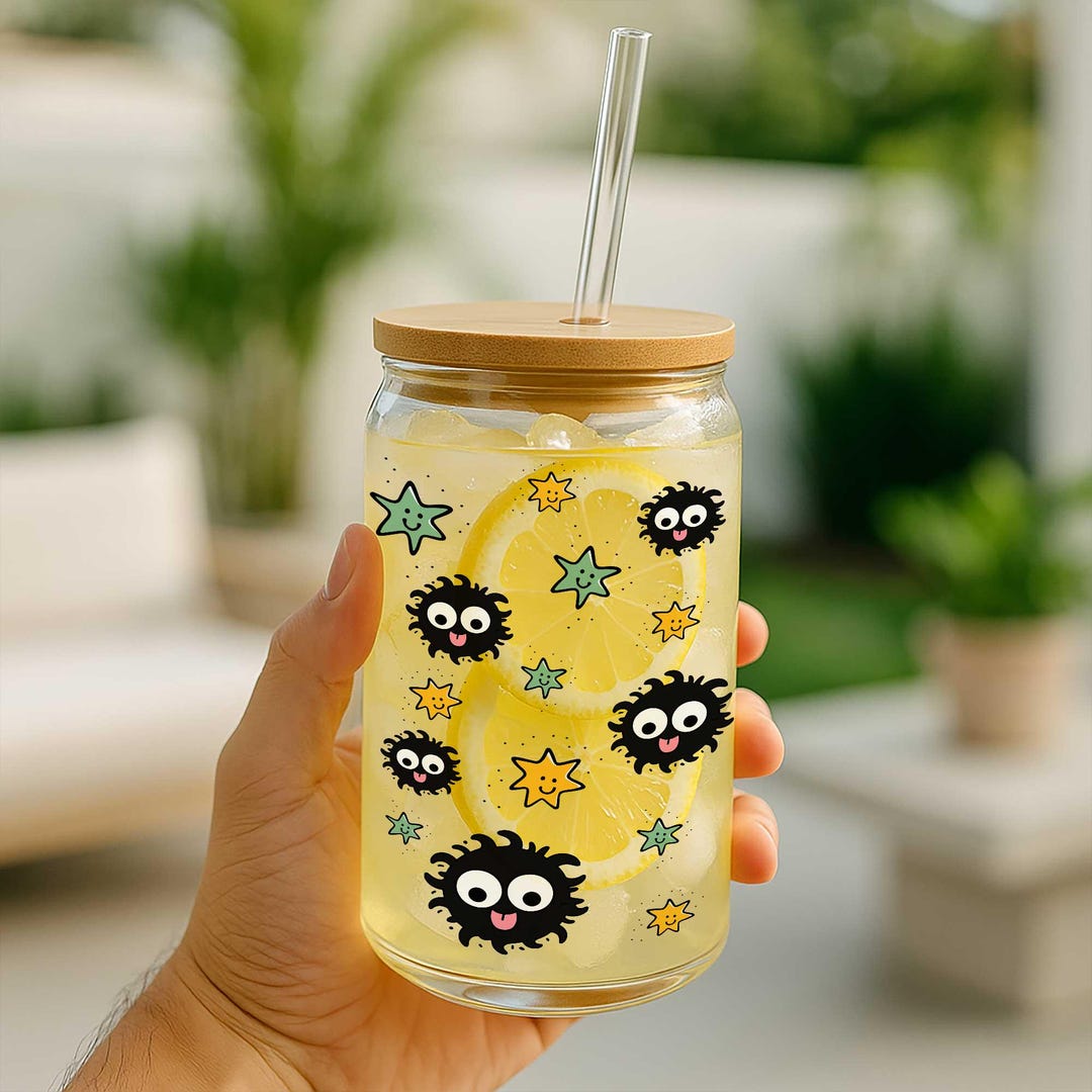 Soot Sprite Glass Cup: Anime Iced Coffee Beer Can With Lid & Straw - Etsy
