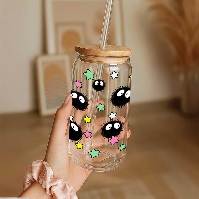 Soot Sprite Glass Cup: Anime Iced Coffee Beer Can With Lid & Straw - Etsy