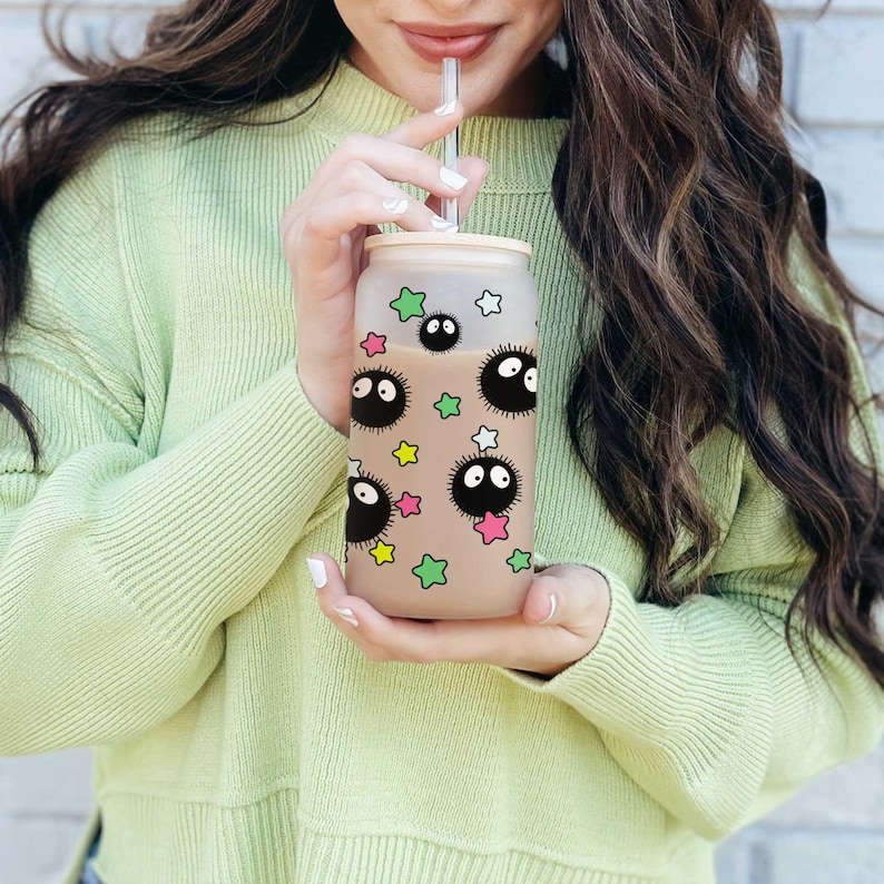 Soot Sprite Glass Cup: Anime Iced Coffee Beer Can With Lid & Straw - Etsy