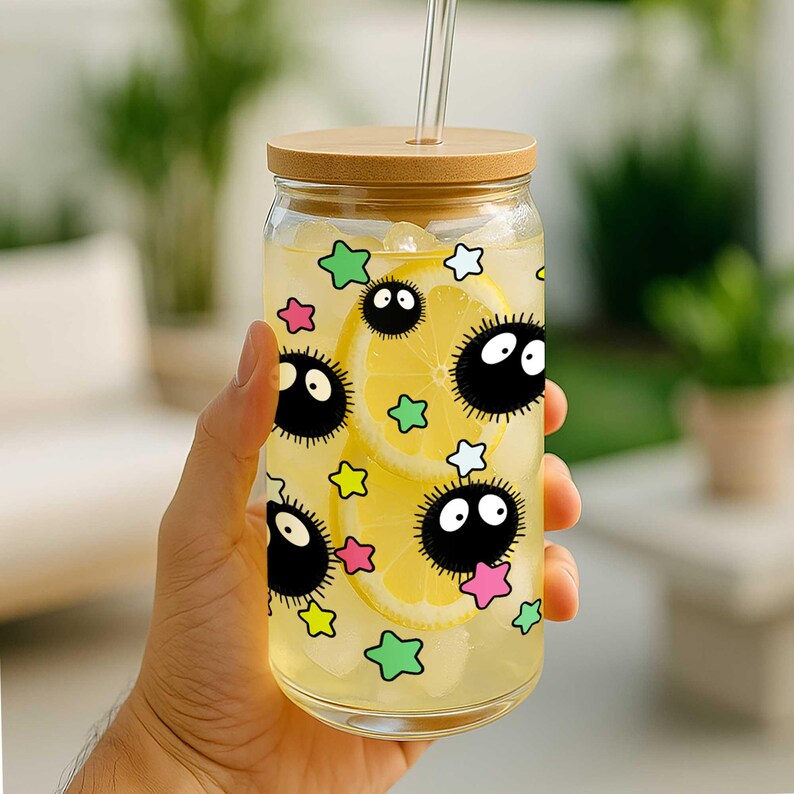 Soot Sprite Glass Cup: Anime Iced Coffee Beer Can With Lid & Straw - Etsy
