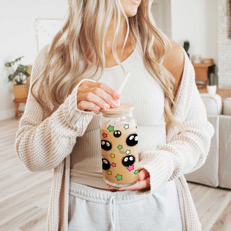 Soot Sprite Glass Cup: Anime Iced Coffee Beer Can With Lid & Straw - Etsy