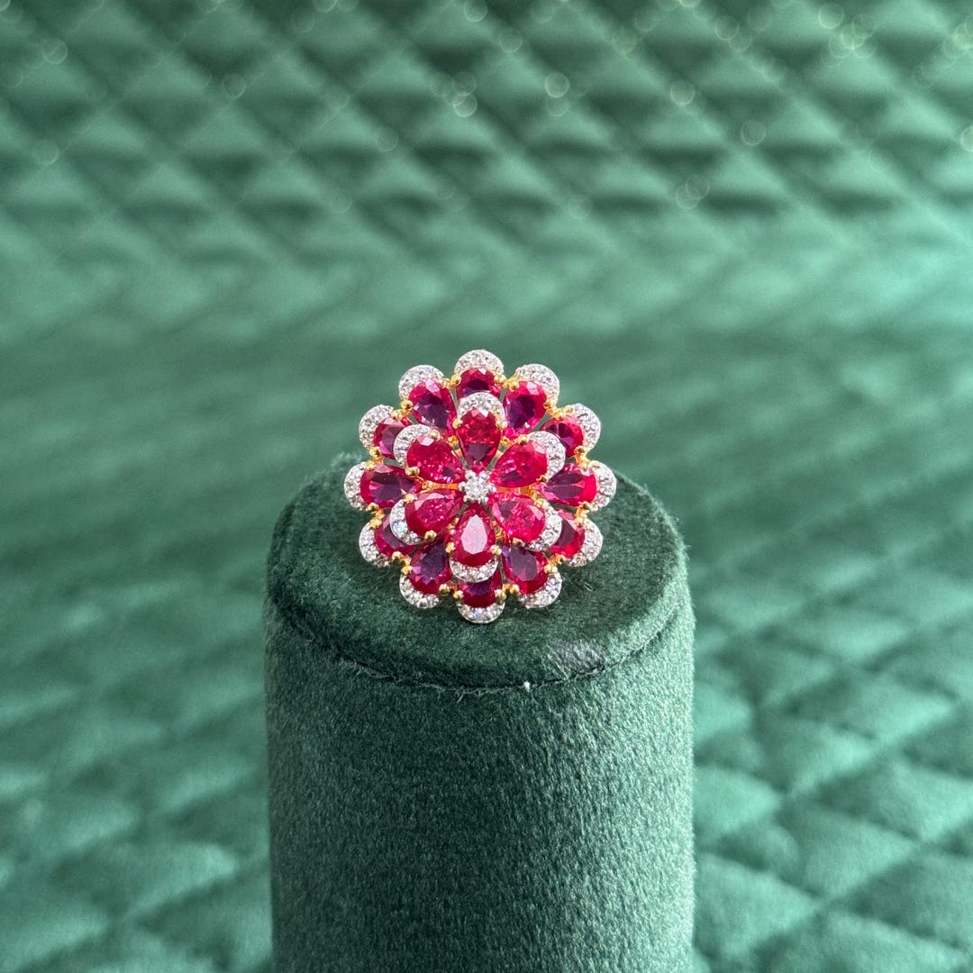 9K Gold Ruby Floral Ring With Diamond Accents - Etsy