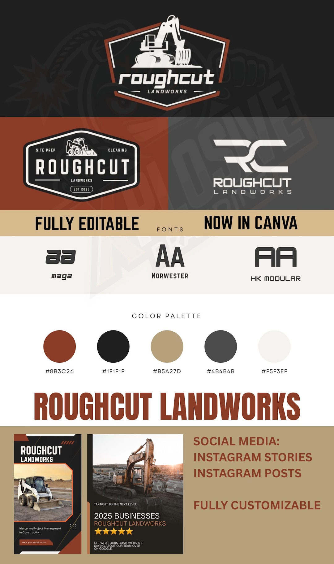 Construction Brand Kit: Landworks Logo Templates + Business Card (canva ...