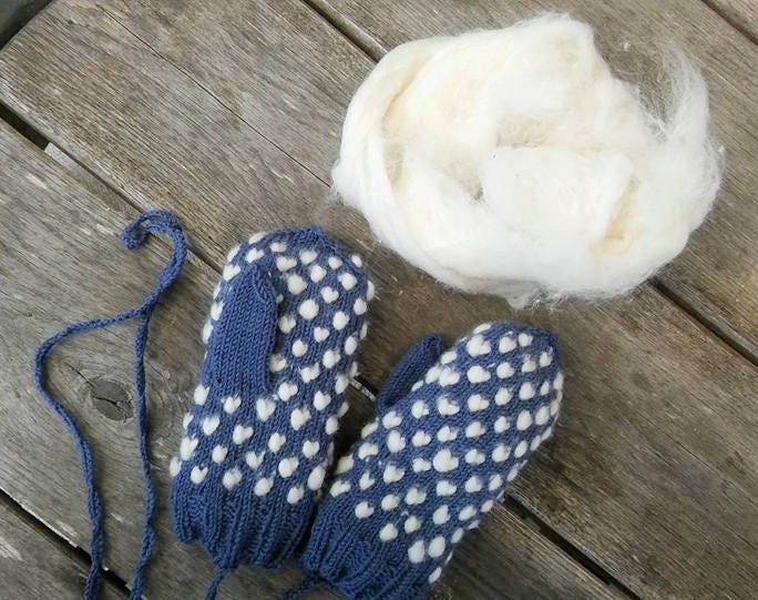 Blue Wool warm winter knitted mittens for kids with white wool | Etsy