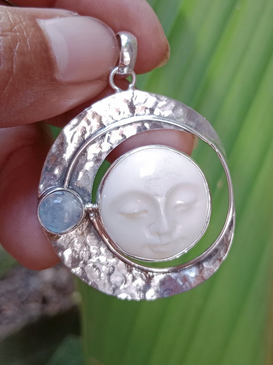 Carved Moon Face Pendant, Rainbow Moonstone Gemstone Pendant , 925 ...