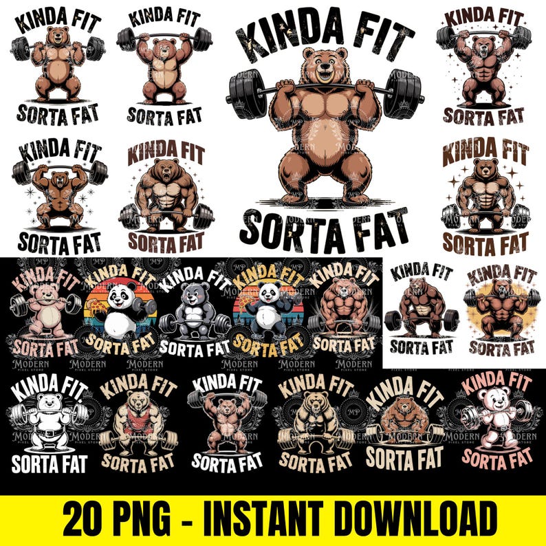 20 Kinda Fit Sorta Fat Bear Png, Weightlifting Bear Sublimation Clipart for Cricut and Fitness ...