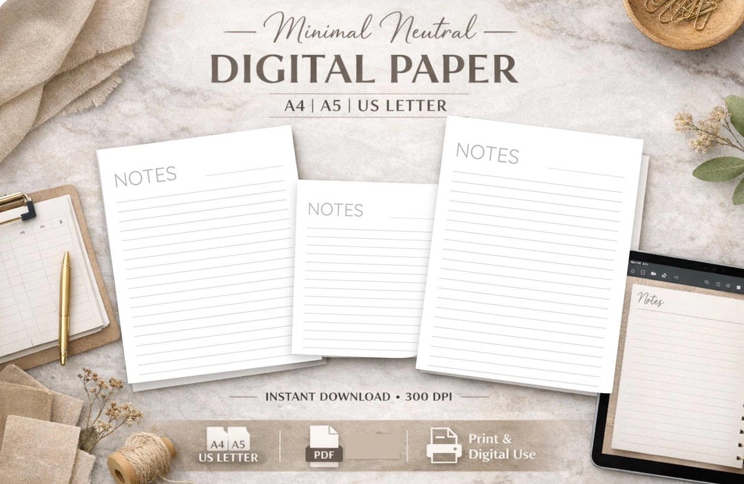 Minimal Neutral Digital Paper A4 A5 US Letter | Printable Planner Paper ...