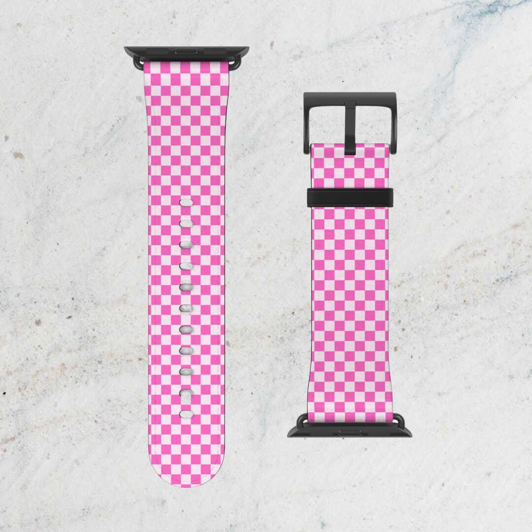 Checkerboard Vegan Leather Apple Watch Band, Pink White Pattern Strap ...
