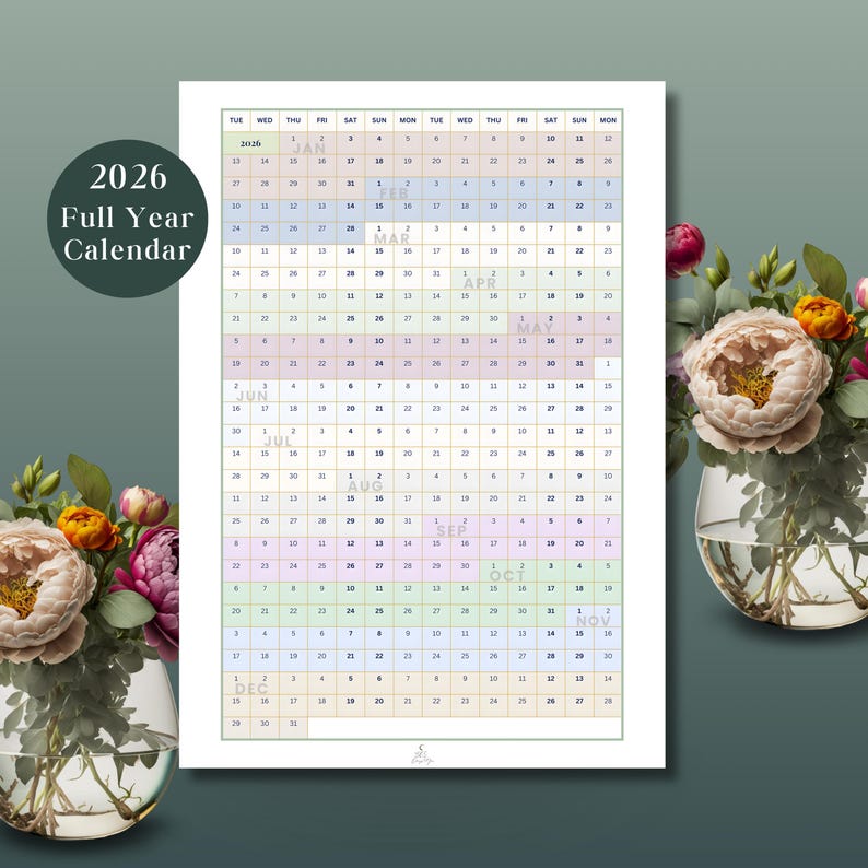 2026 Full Year Calendar | Elegant Year-at-a-glance Planner | Pastel ...