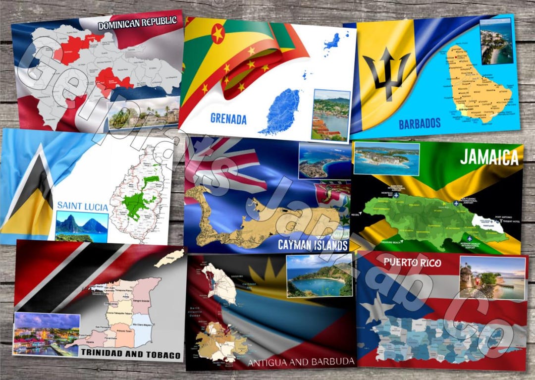 Set of 9 New Postcards. Caribbean Countries. Map. Grenada, Barbados ...