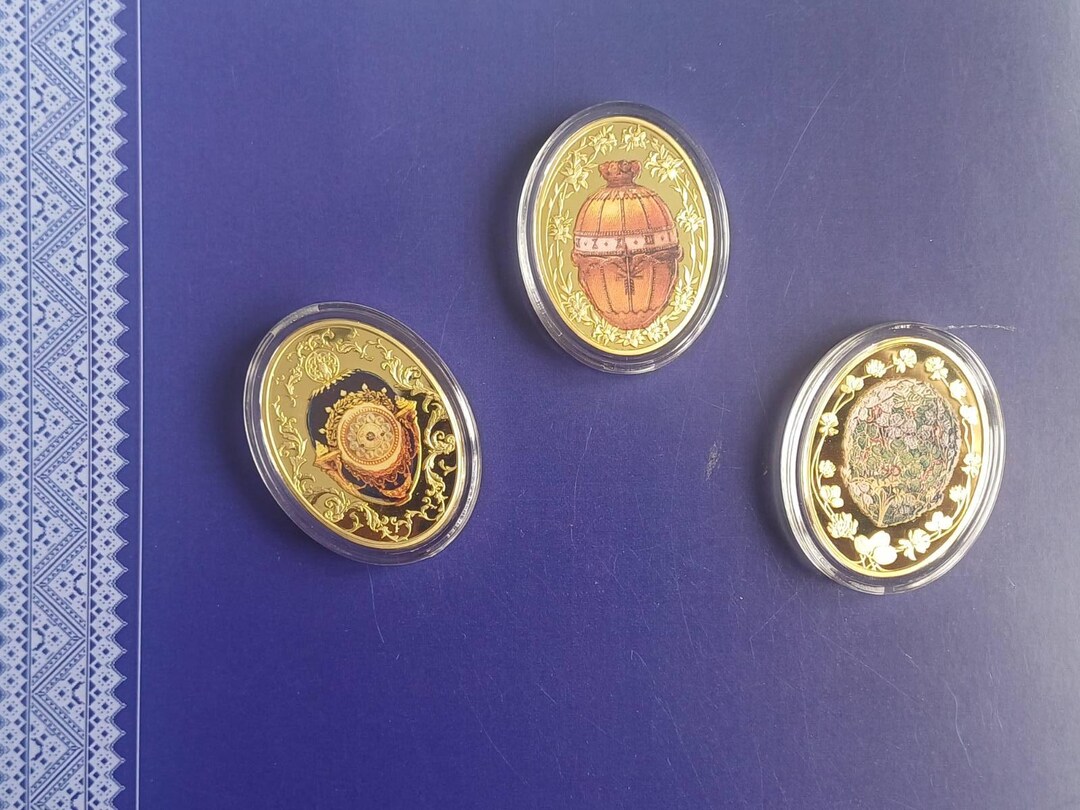 A Set of 3 Souvenir Medals Plated With 999 Gold Faberge Easter Eggs UNC ...