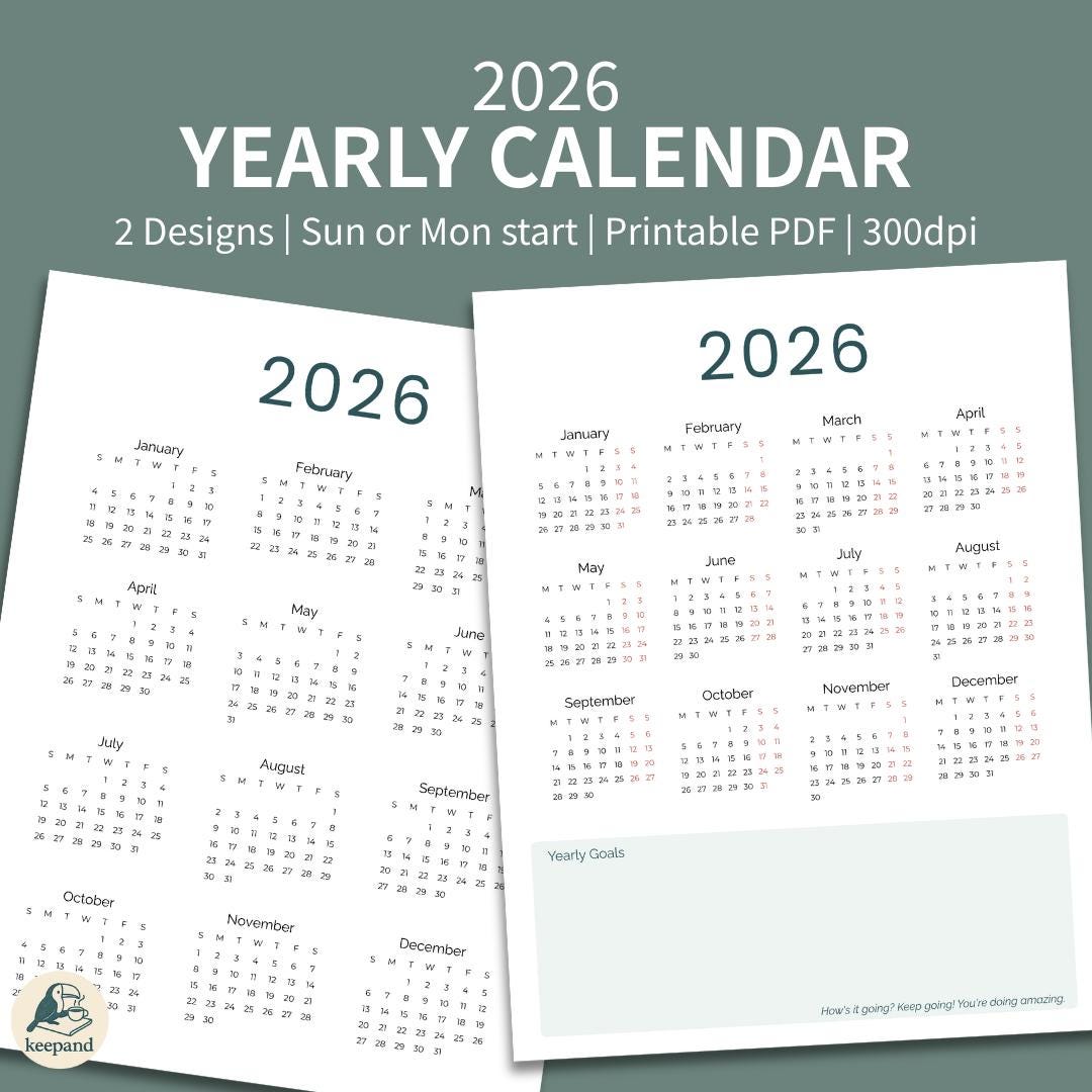 Minimal Year at a Glance Calendar 2026 PDF – Printable A3 A4 Letter ...