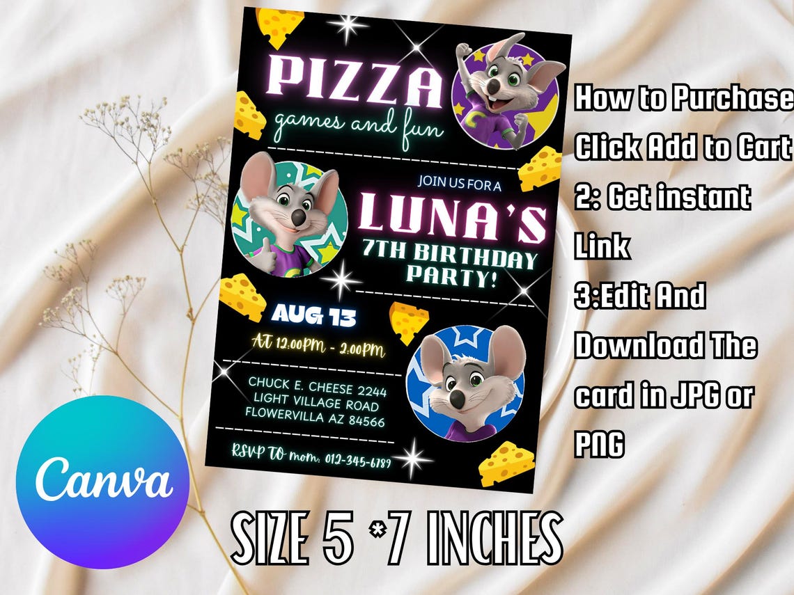 Editable Chuck E Cheese Birthday Invitation Template | Chuck Evite ...