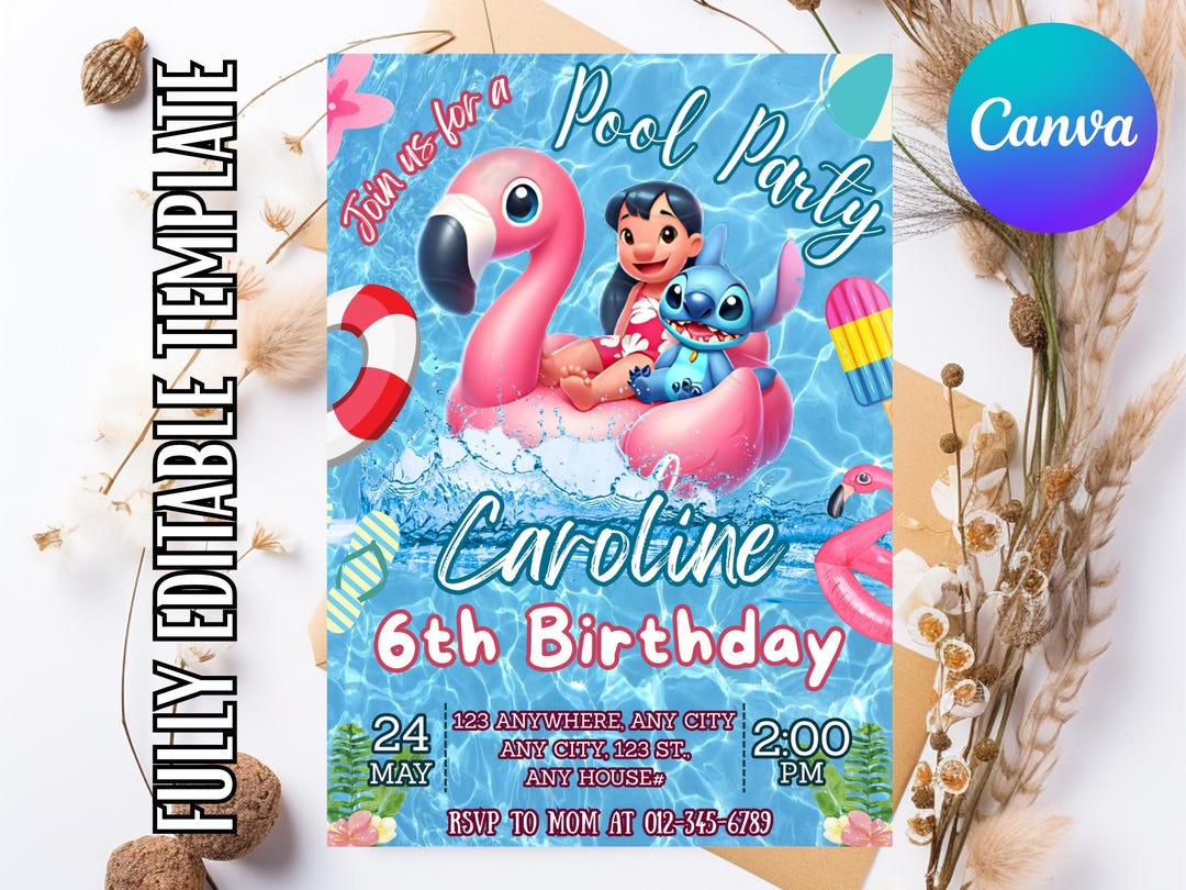 Editable Pool Party Stitch Girl Invitation, Pool Party Invitation ...