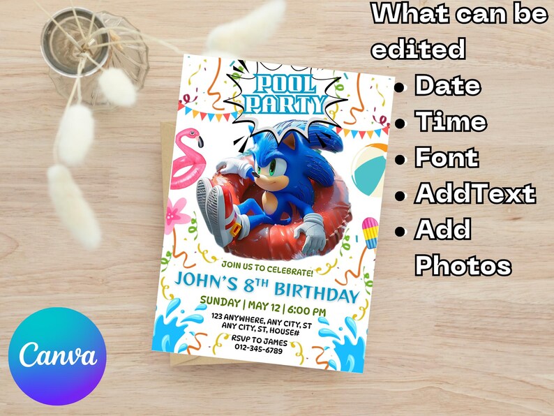 Sonic the Hedgehog Pool Party Invitation – Editable Sonic Birthday ...