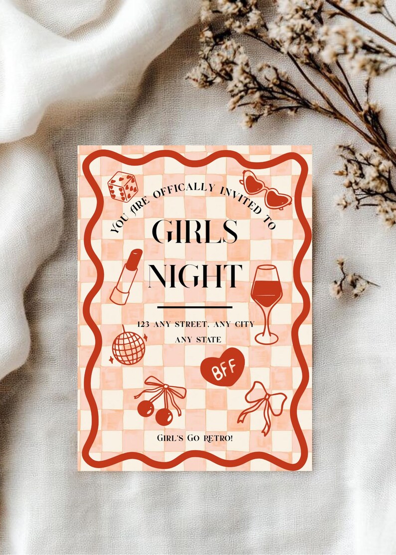 Retro Girls Night Invitation – Editable Party Template (PDF & JPG) - Etsy