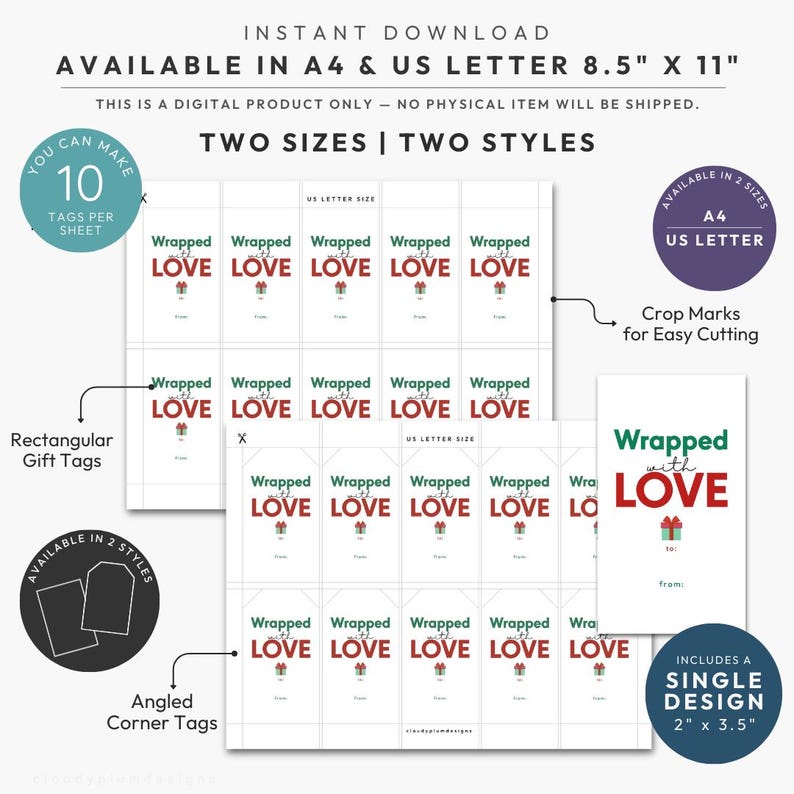 Printable Gift Tags | Wrapped With Love | Minimalist Christmas, Holiday, Party Favor, Candy Bag ...