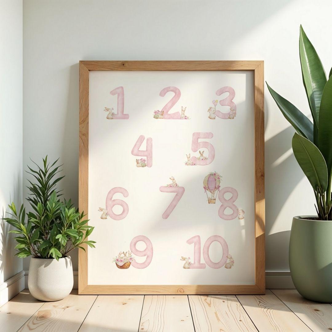 Numbers 1–10 Pink Blush Wall Art | Bunny Printable Poster | Kids Room ...