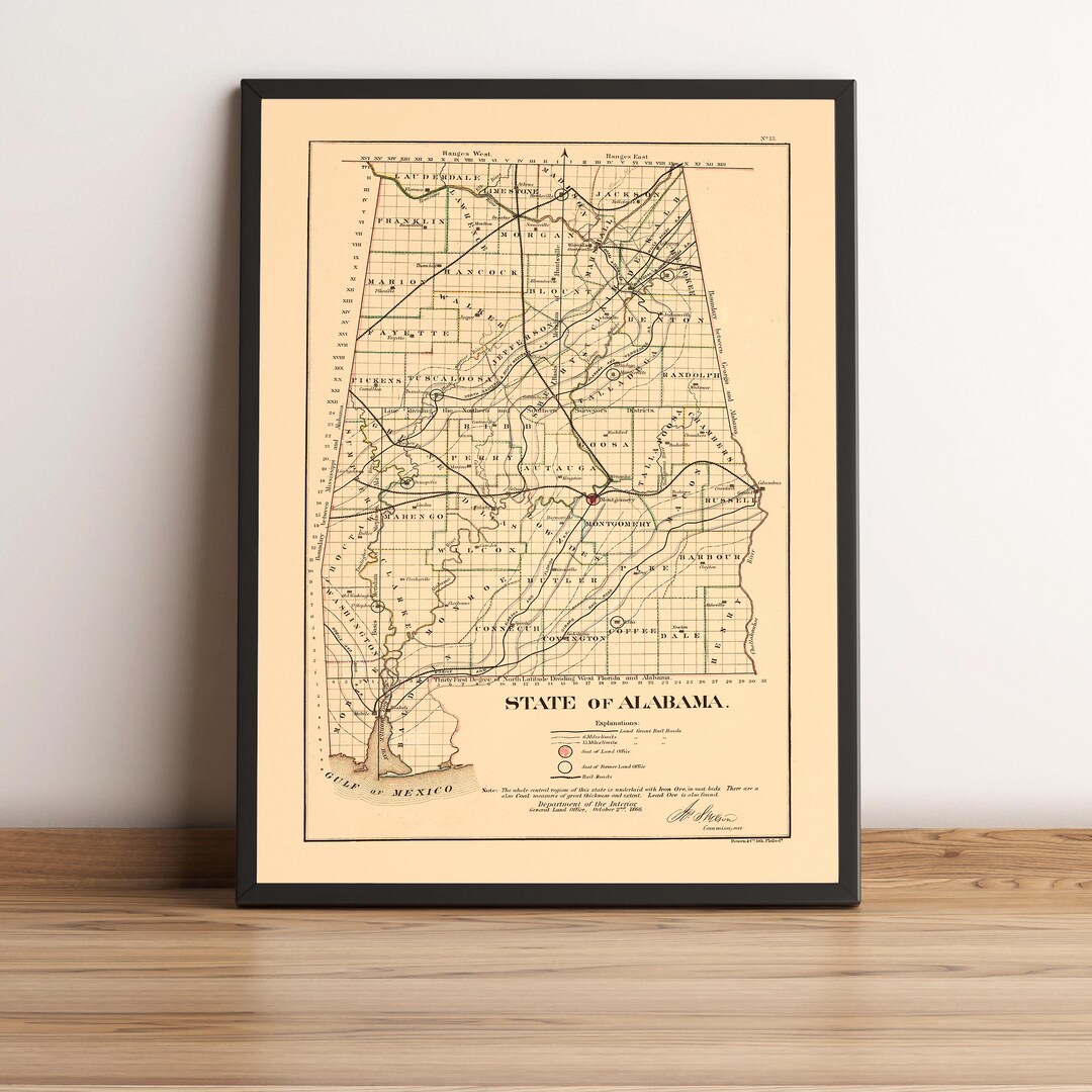 Alabama (US) Old Map | 1866 State of Alabama Vintage Map | Wall Art ...