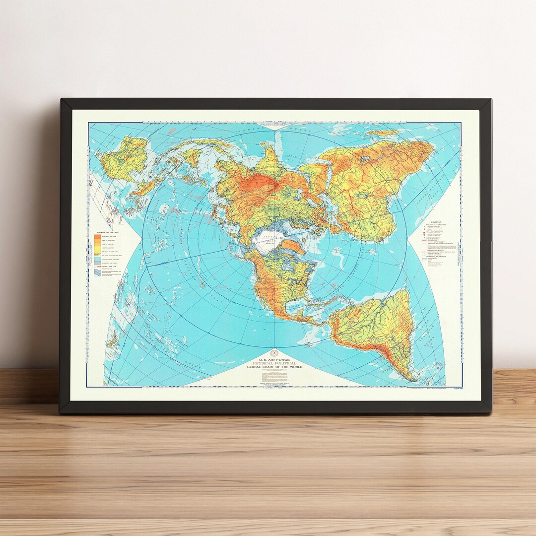 US Air Force Physical Political Chart of the World Old Map | 1957 World ...