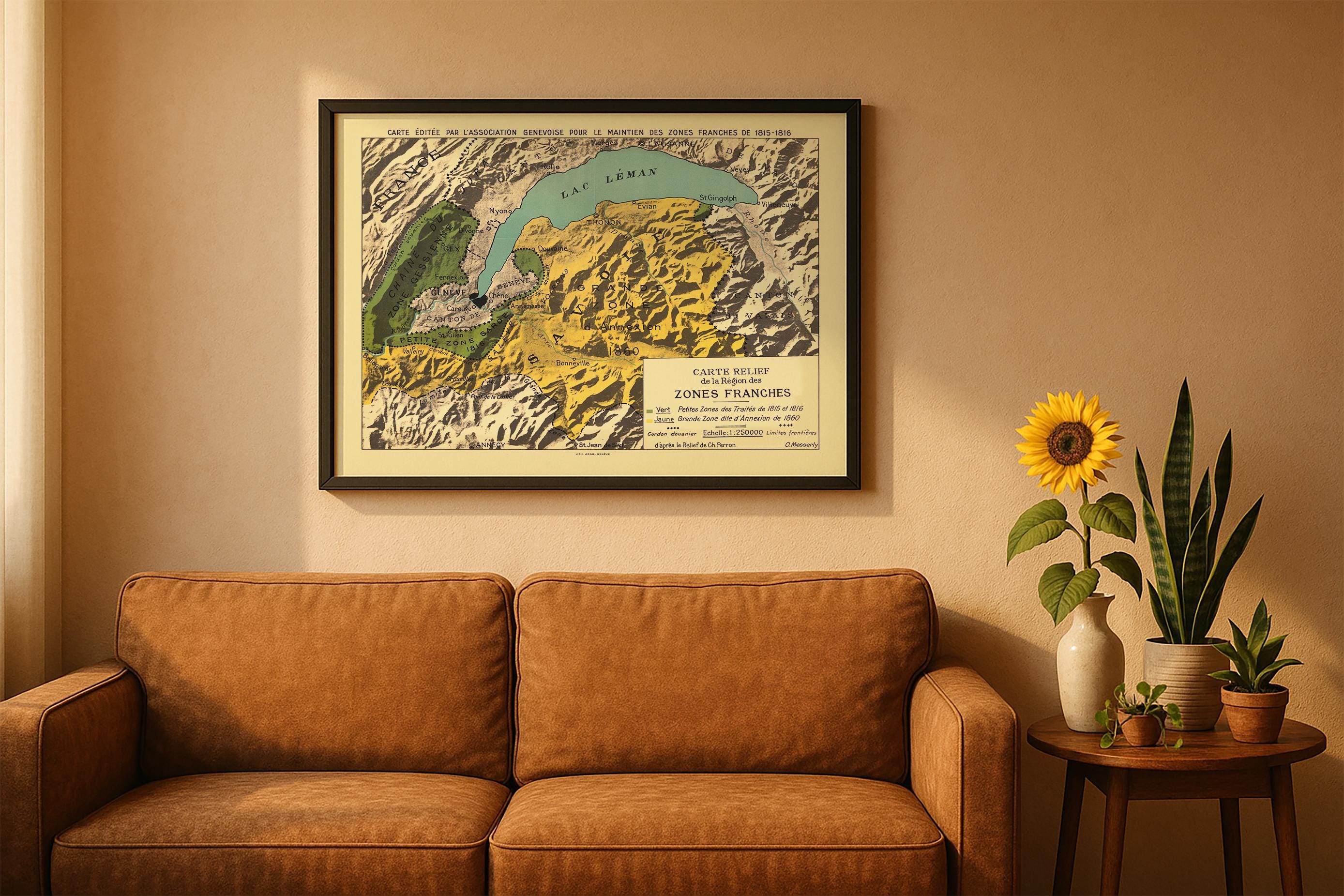 French Zones of Switzerland Near Lake Leman Old Map | 1920 Alps Vintage ...