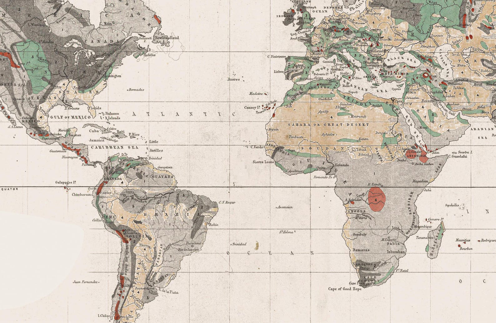Geologic World Map | 1850 Geological Structure of the Globe Vintage Map ...