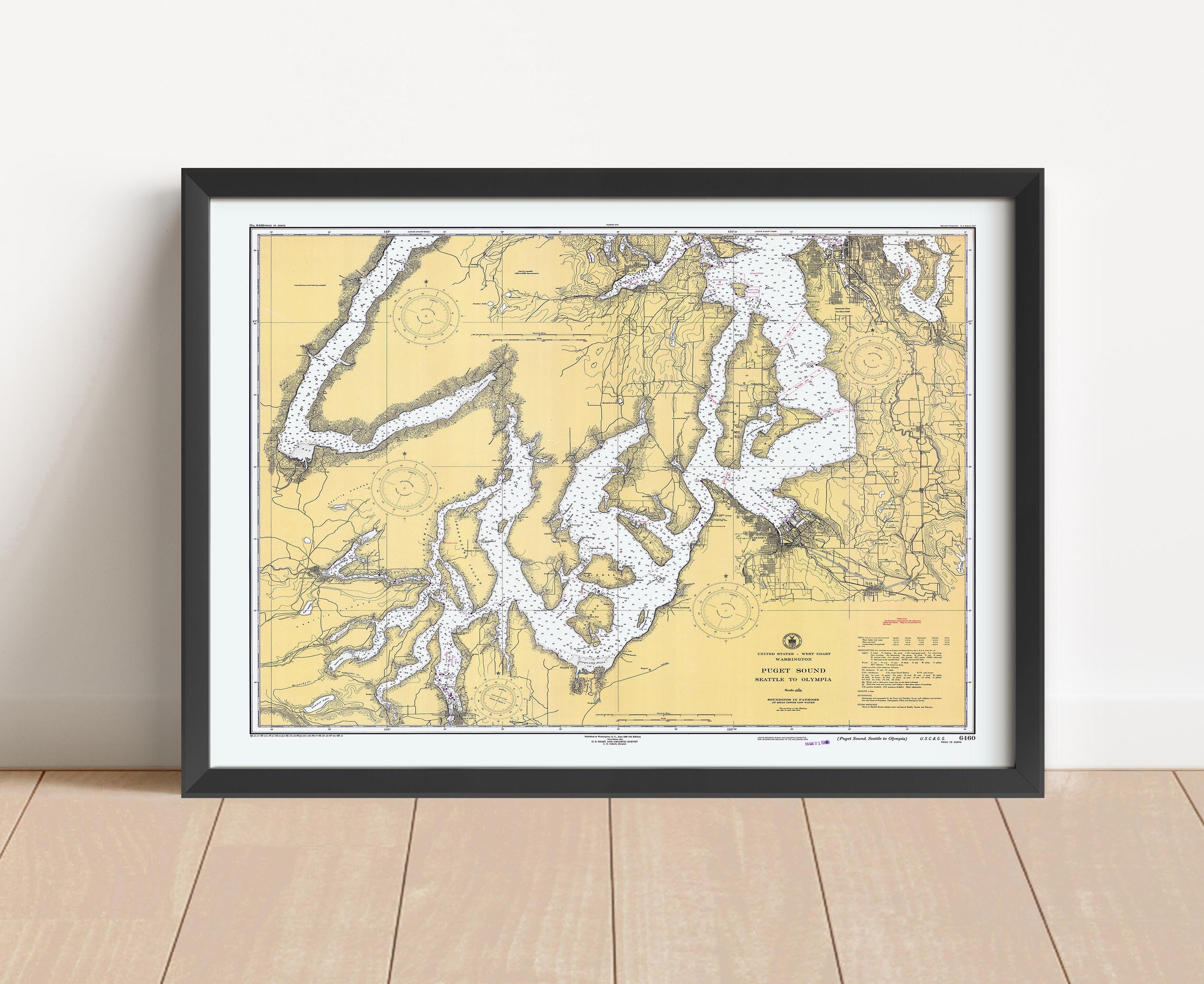 Puget Sound, Seattle to Olympia Old Map | 1938 Seattle to Olympia ...