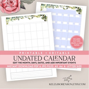 Editable Undated Monthly Calendar Printable Planner Insert in Sizes A4 ...