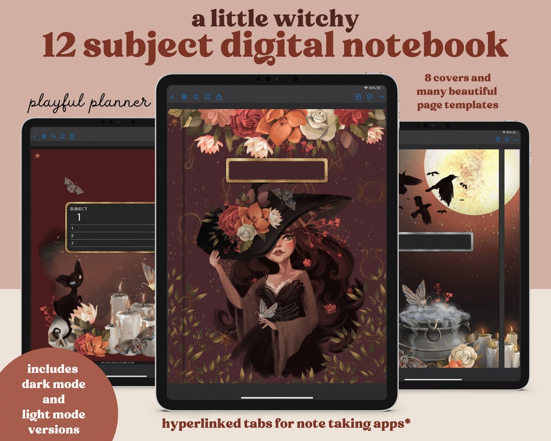 12 Subject Witchy Digital Notebook With Hyperlinked Tabs, 14 Note Page ...