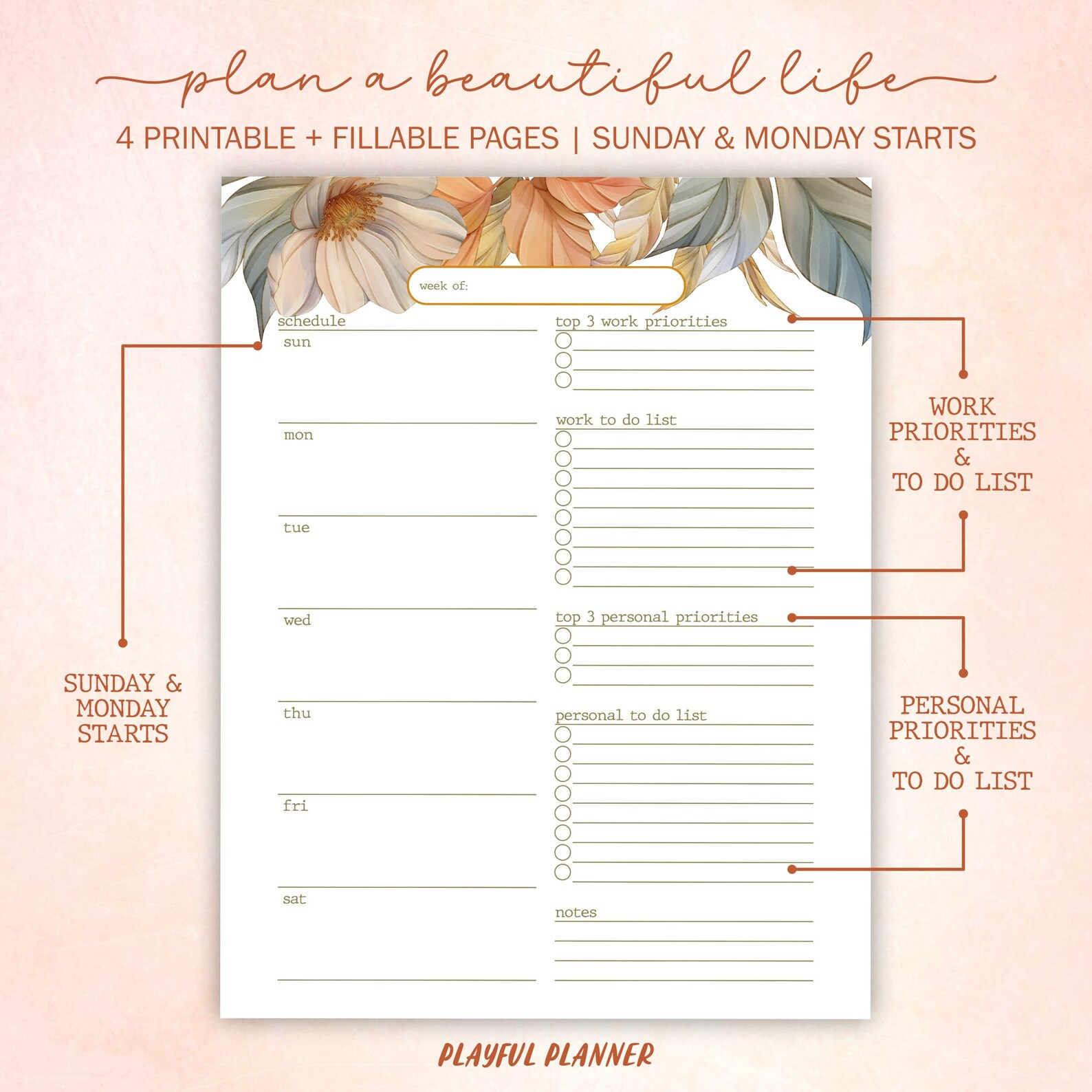 Fillable Weekly Planner Printable: Undated Work Life Schedule (a4/a5 ...