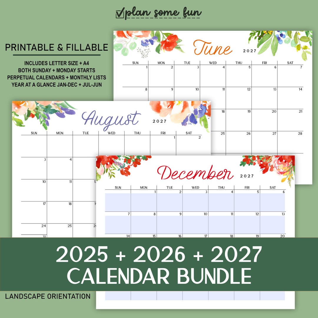 2025 2026 2027 Printable Editable Calendar Bundle Includes Monthly ...