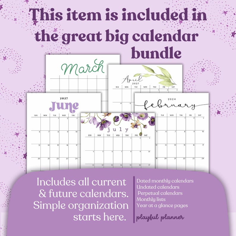 2026-2027 Purple Floral Calendar Bundle: Editable Printable (a4/letter ...
