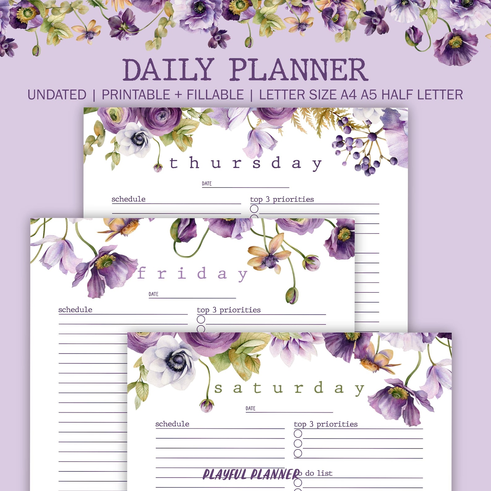 Purple Daily Planner Printable: Fillable PDF, A4 A5 Letter Sizes ...