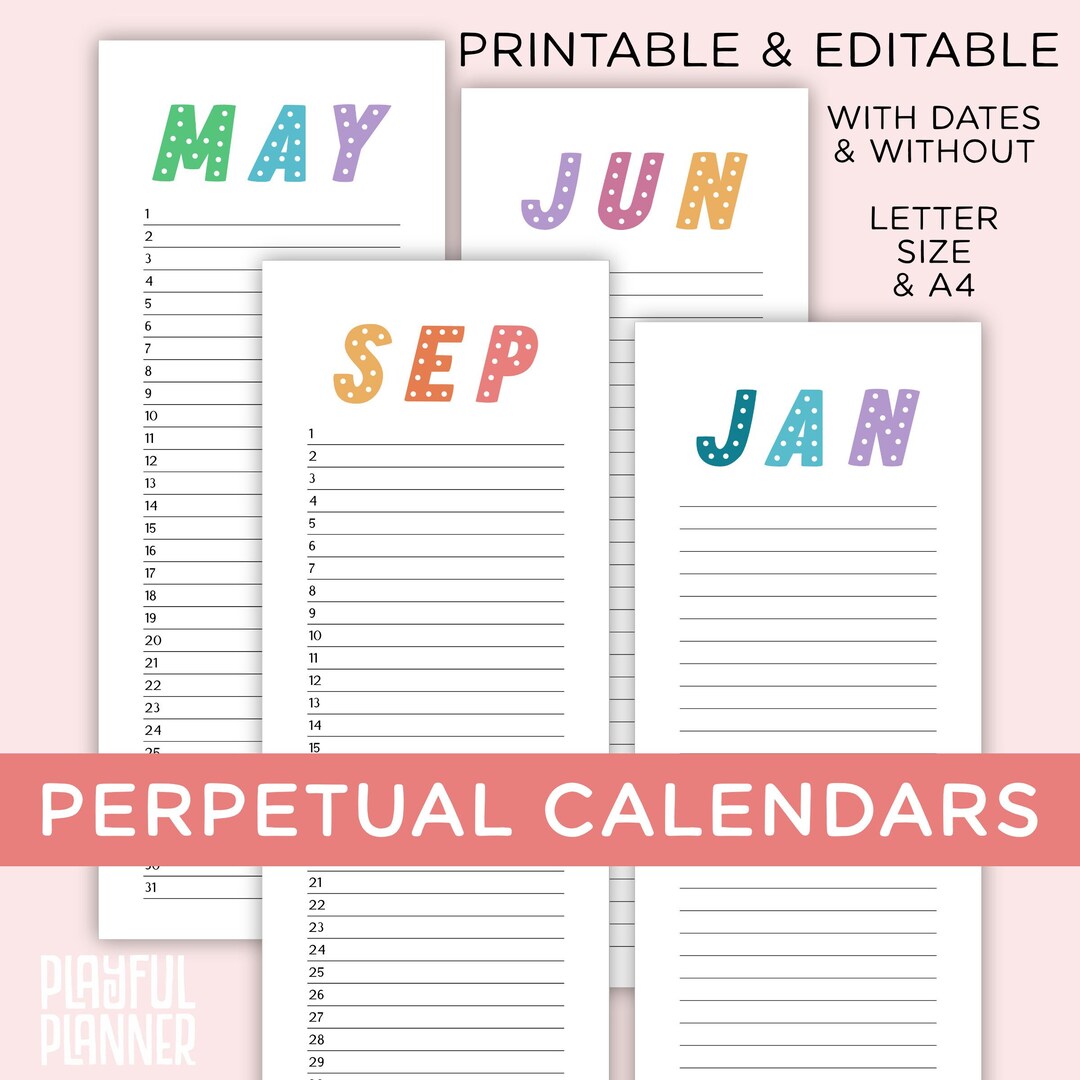Printable Perpetual Calendar | Editable Text Fields | Birthday List ...