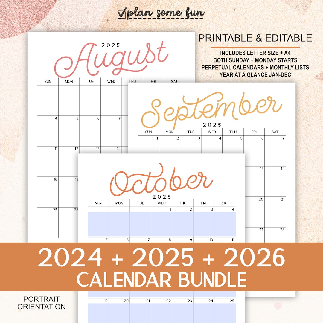 2025 2026 Calendar Bundle Printable Editable Portrait Monthly Calendars ...