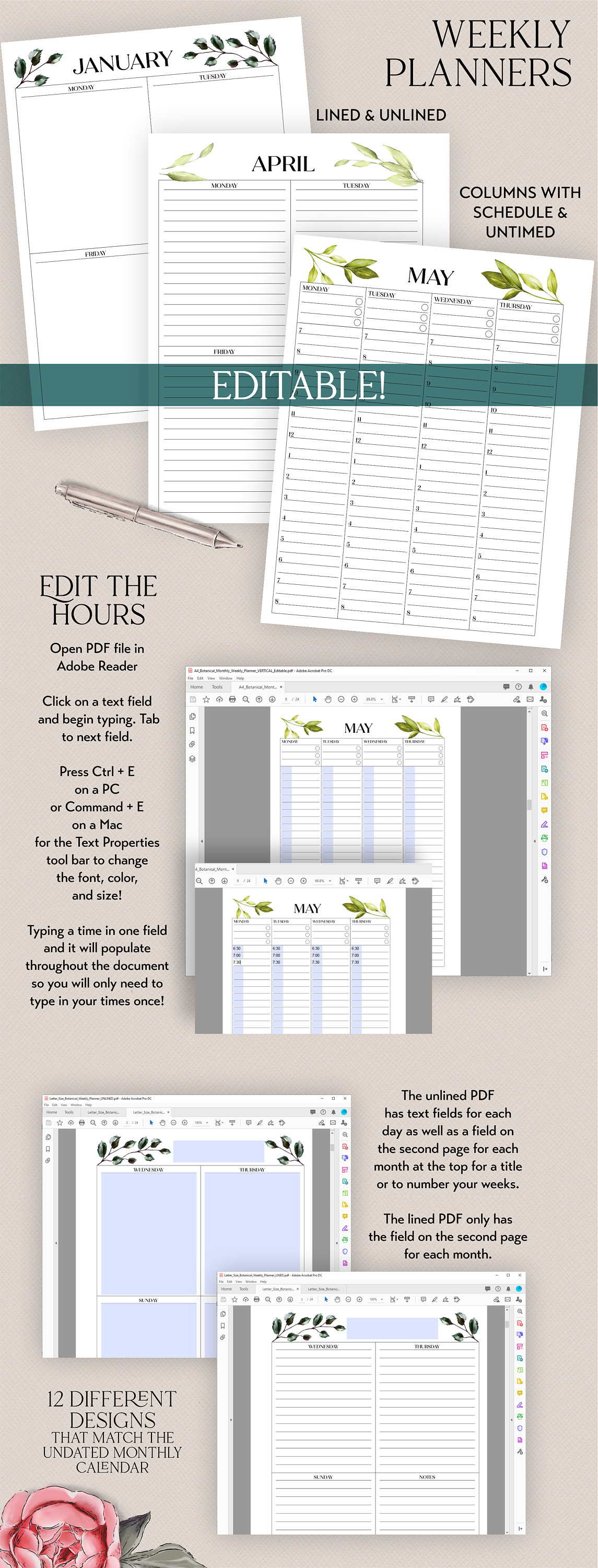 Botanical Planner Printable Bundle: Daily, Weekly, Monthly (editable ...