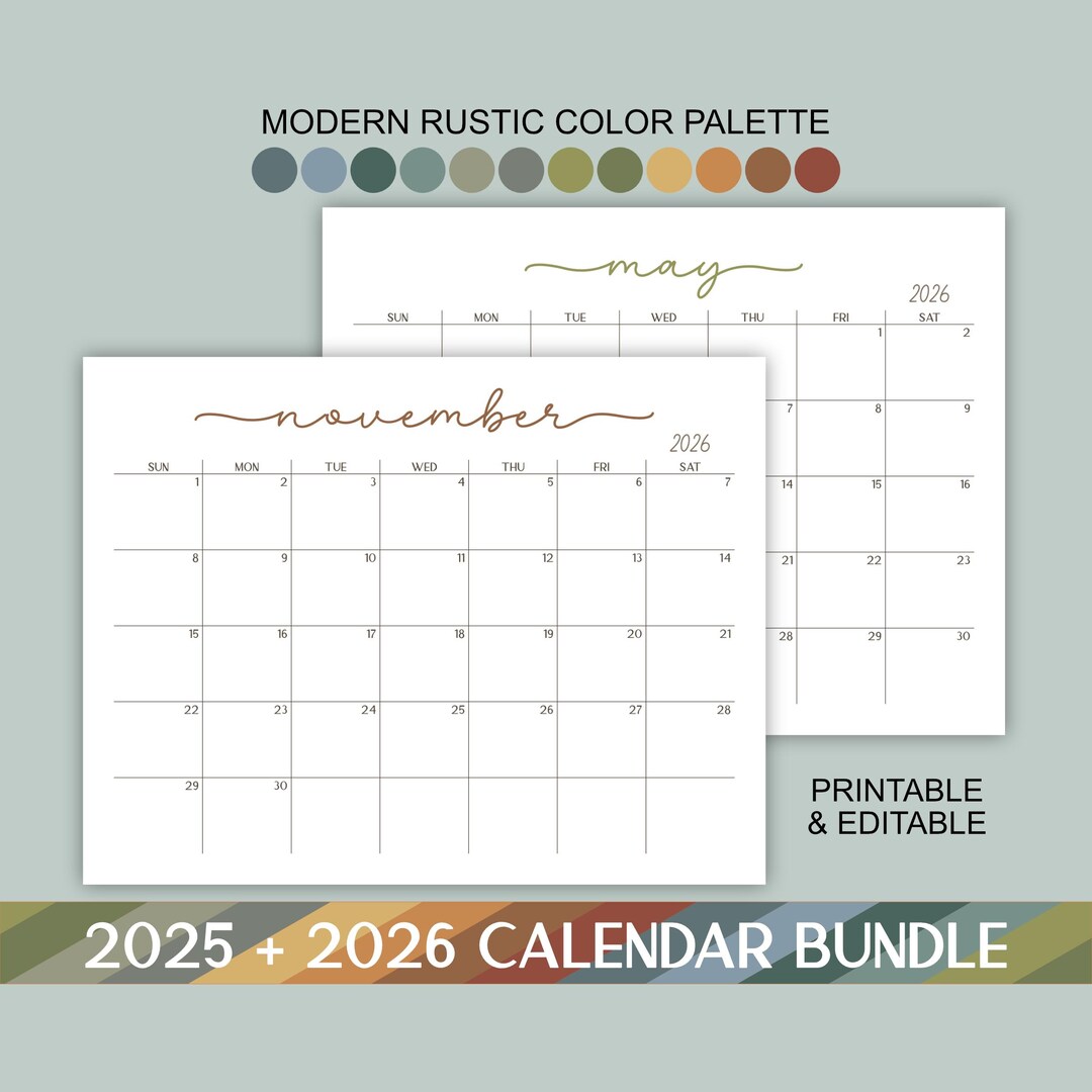 Buy 2025 2026 Printable Editable Calendar Bundle Landscape Monthly ...