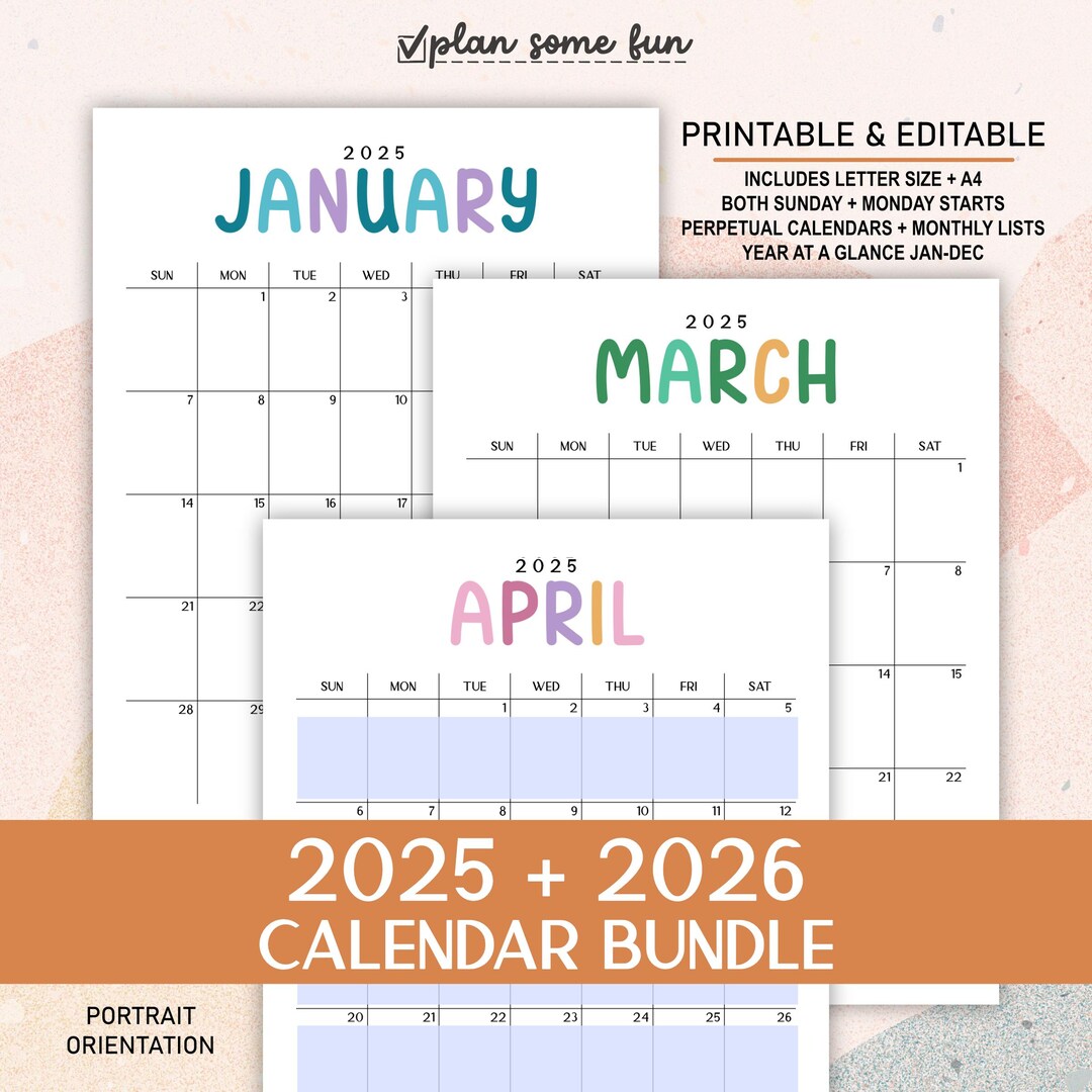 2025 2026 Printable Calendar Bundle Editable Portrait Monthly Calendars ...