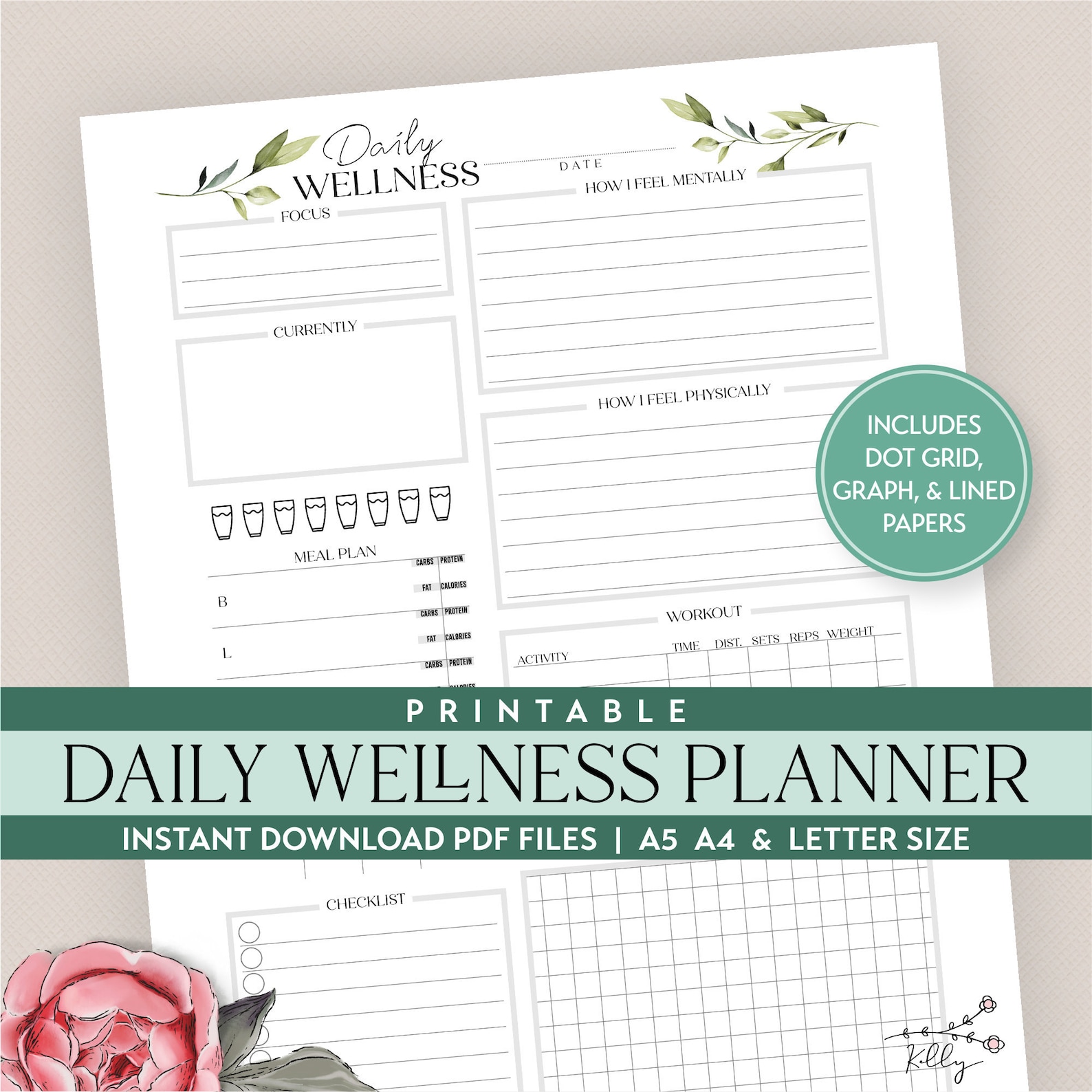 Printable Daily Wellness Self Care Planner Insert Includes in | Etsy