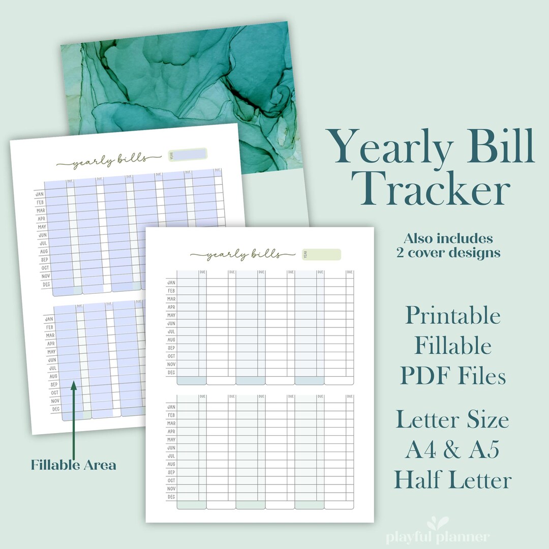 Printable Yearly Bill Tracker Fillable PDF Expense Worksheet Each Month ...