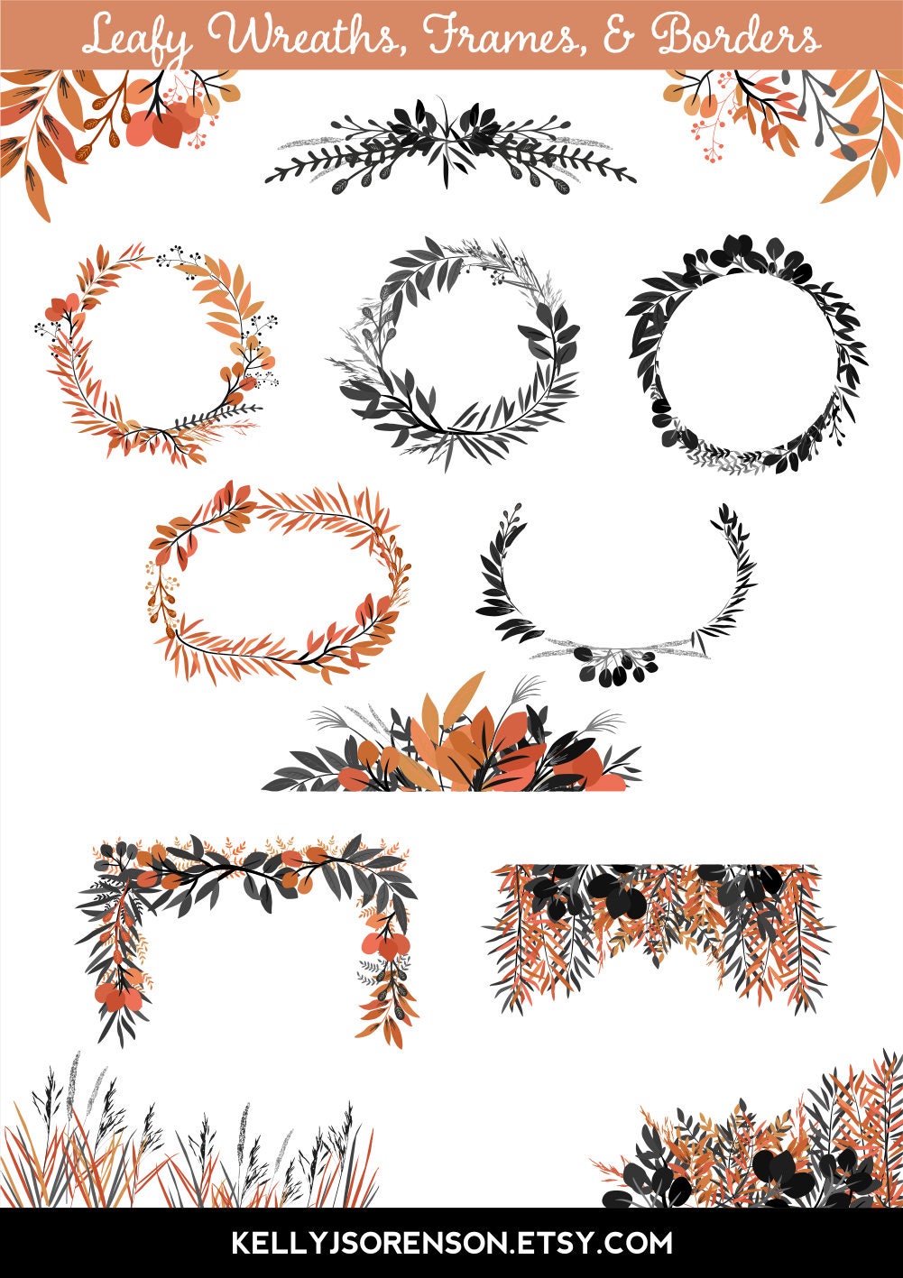 Halloween Leaf Clip Art Fall Wreath Vector Foliage | Etsy