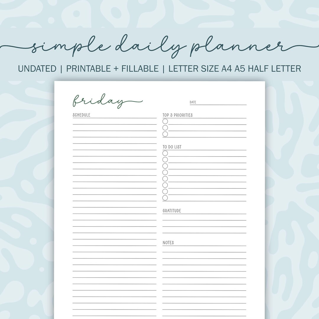 Printable Daily Planner: Simple Fillable PDF, A4 A5 Letter Size - Etsy