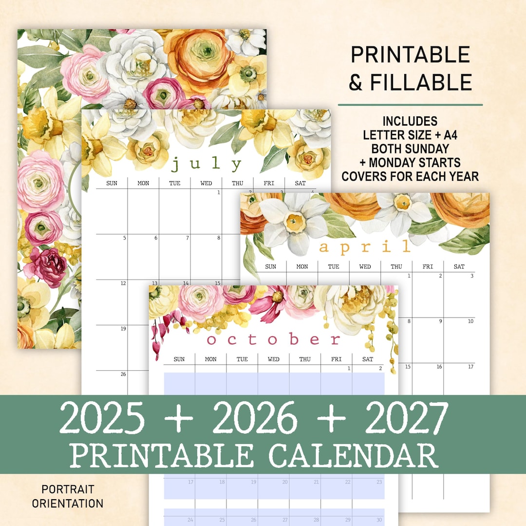 2025 2026 2027 Calendars Printable Fillable Floral Portrait Monthly ...